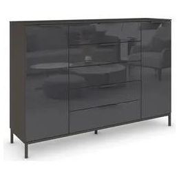 Kommode Rauch "Flipp" Sideboards Gr. B/H/T: 160 cm x 111 cm x 42 cm, 5 St., grau (graphit, glas basalt) 2-trg mit 5 Schubladen und Soft-Close-Funktion, Glasfront, 2 Breiten