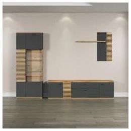 Wohnwand Inosign "Galway" Kastenmöbel-Sets Gr. B/H/T: 297cm x 205cm x 42cm, schwarz (anthrazit melamin/coast evoke oak nachbildung mit schwarzen rillen) Wohnwand-Set in Anthrazit Coast Evoke Eiche, Türen Soft-Close