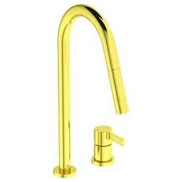 Ideal Standard Gusto Küchen-2-Loch-Armatur BD424A2 brushed gold, mit hohem Rohrauslauf und herausziehbarer 2-Funktionshandbrause