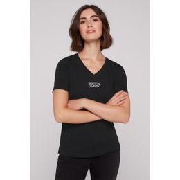 SOCCX Damen V-Shirt, schwarz, Gr. XL, bedruckt, Material: 100% Baumwolle, Shirts, aus Baumwolle