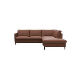 Ecksofa FLEXLUX, B:234cm H:85cm T:225cm, braun, 100% Echteder, Wohnzimmer, Sofas, "Fiore, L-Form", schmale Armlehnen, Füße Alu/schwarz, B/T