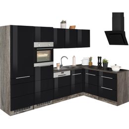 Winkelküche KOCHSTATION, B:290cm H:200cm T:60cm, schwarz, Komplettküchen-Sets, "KS-Brindisi Stellbreite 290/170 cm", wahlweise mit E-Geräten und