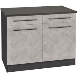 Unterschrank KOCHSTATION, B:100cm H:85cm T:60cm, grau, Küche, Schränke, "KS-Tulsa", 100 cm breit, 2 Schubkästen, 2 Türen, schwarzer Metallgriff, MDF