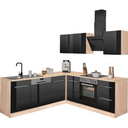 Winkelküche KOCHSTATION, B:220cm T:60cm, schwarz, Komplettküchen-Sets, "KS-Brindisi", Stellbreite 220/220 cm, wahlweise mit E-Geräten, mit MDF-Fronten