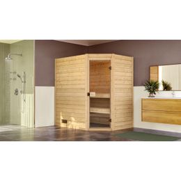 Weka Sauna "Massivholzsauna VALIDA Eck 1", ohne Ofen, ohne Steuerung, (ohne Ofen), beige, Saunen, Blockbohlen, moderne Ganzglastür