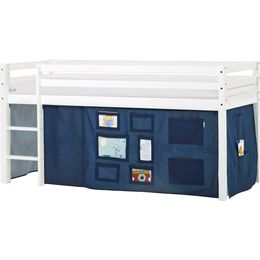 Hochbett Hoppekids, B:101cm H:105cm L:208cm, blau, Kinderbett: 100% Massivholz: Nordische Kiefer, Vorhang: 100% Baumwolle, Matratzenbezug: 77%
