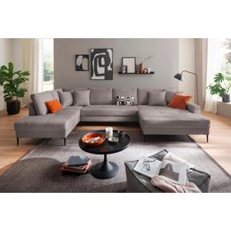 Wohnlandschaft TRENDS BY HG, B:360cm H:86cm T:196cm, grau, Sofas, "Summer U-Form", in Cord-Stoff mit Metallfuß