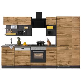 K&uuml;chenzeile KOCHSTATION, B:300cm T:60cm, braun, Komplettk&uuml;chen-Sets, "KS-Tulsa", mit E-Ger&auml;ten, Breite 300 cm, schwarze Metallgriffe, MDF Fronten