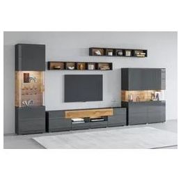 Wohnwand Inosign "Toledo,Breite 391cm stilvolle Mediawand ohne Beleuchtung" Kastenmöbel-Sets schwarz (antrazit/antrazit hgl-alteiche) Anbauwand(Vitrine,Lowboard,Highboard,2xHängeregal)MDF Hochglanzfronten