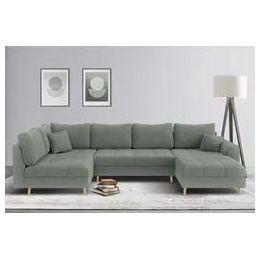 Wohnlandschaft Home Affaire "CHARRE U-Form, incl. 3 Zierkissen" Sofas Gr. B/H/T: 310cm x 81cm x 161cm, Bouclé, Recamiere rechts, grün (mint) auch in Cord und Bouclé, feine Steppung, lose Rückenkissen