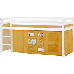 Hochbett Hoppekids, B:101cm H:105cm L:208cm, gelb, Kinderbett: 100% Massivholz: Nordische Kiefer, Vorhang: 100% Baumwolle, Matratzenbezug: 77%