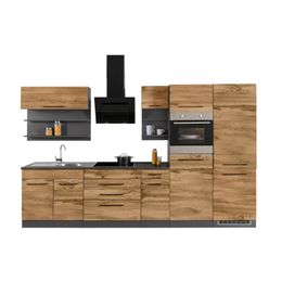 Küchenzeile KOCHSTATION, B:350cm T:60cm, braun, Komplettküchen-Sets, "KS-Tulsa", mit E-Geräten, Breite 350 cm, schwarze Metallgriffe, MDF Fronten