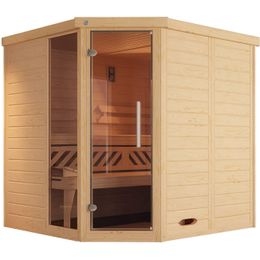 Weka Sauna "Design-Sauna KEMI Eck 1", ohne Ofen, ohne Steuerung, (ohne Ofen), beige, Saunen, naturbelassenes Fichtenholz, Fensterelement, moderne