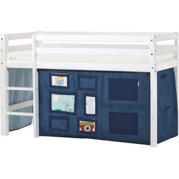 Hochbett Hoppekids, B:81cm H:105cm L:168cm, blau, Kinderbett: 100% Massivholz: Nordische Kiefer, Vorhang: 100% Baumwolle, Matratzenbezug: 77%