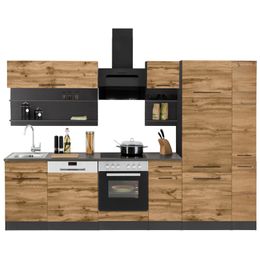 Küchenzeile KOCHSTATION, B:300cm T:60cm, braun, Komplettküchen-Sets, "KS-Tulsa", mit E-Geräten, Breite 300 cm, schwarze Metallgriffe, MDF Fronten