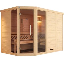 Weka Sauna "Design-Sauna KEMI Eck 2", ohne Ofen, ohne Steuerung, (ohne Ofen), beige, Saunen, Blockbohlen, vorgef. Elemente, Fensterelement, mod.