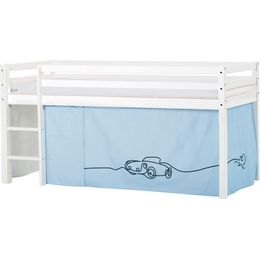 Hochbett Hoppekids, B:101cm H:105cm L:208cm, blau, Kinderbett: 100% Massivholz: Nordische Kiefer, Vorhang: 100% Baumwolle, Matratzenbezug: 77%