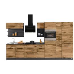 Küchenzeile KOCHSTATION, B:360cm T:60cm, braun, Komplettküchen-Sets, "KS-Tulsa", mit E-Geräten, Breite 360 cm, schwarze Metallgriffe, MDF Fronten