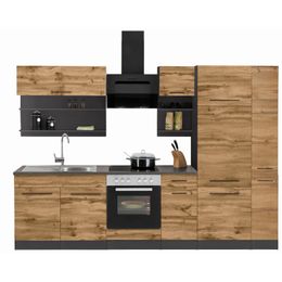 Küchenzeile KOCHSTATION, B:300cm T:60cm, braun, Komplettküchen-Sets, "KS-Tulsa", mit E-Geräten, Breite 300 cm, schwarze Metallgriffe, MDF Fronten