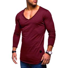 behype Herren Langarmshirt "NUKE L/S", rot, Gr. L, unifarben, 100% Baumwolle, Shirts, mit V-Ausschnitt