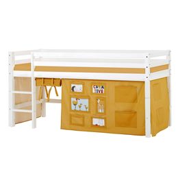 Hochbett Hoppekids, B:101cm H:105cm L:208cm, gelb, Kinderbett: 100% Massivholz: Nordische Kiefer, Vorhang: 100% Baumwolle, Matratzenbezug: 77%
