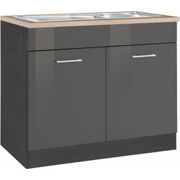 Spülenschrank KOCHSTATION, B:100cm H:85cm T:60cm, grau, Küche, Schränke, "KS-Utah", Breite 100 cm