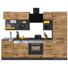 Küchenzeile KOCHSTATION, B:270cm T:60cm, braun, Komplettküchen-Sets, "KS-Tulsa", mit E-Geräten, Breite 270 cm, schwarze Metallgriffe, MDF Fronten