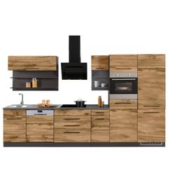 Küchenzeile KOCHSTATION, B:350cm T:60cm, braun, Komplettküchen-Sets, "KS-Tulsa", mit E-Geräten, Breite 350 cm, schwarze Metallgriffe, MDF Fronten