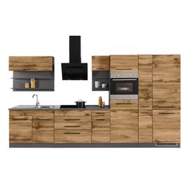 Küchenzeile KOCHSTATION, B:380cm T:60cm, braun, Komplettküchen-Sets, "KS-Tulsa", mit E-Geräten, Breite 380 cm, schwarze Metallgriffe, MDF Fronten