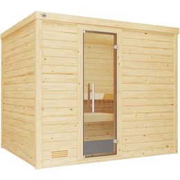 Weka Sauna "Massivholzsauna BERGEN 3", Saunaofen, externe Steuerung, 9 kW, beige, Saunen, Blockbohlen, moderne Ganzglastür