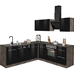 Winkelküche KOCHSTATION, B:220cm T:60cm, schwarz, Komplettküchen-Sets, "KS-Brindisi", Stellbreite 220/220 cm, wahlweise mit E-Geräten, mit MDF-Fronten