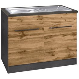 Spülenschrank KOCHSTATION, B:100cm H:85cm T:60cm, braun, Küche, Schränke, "KS-Tulsa", 100 cm breit, 2 Türen, Metallgriff, MDF Front, inkl. Einbauspüle