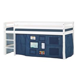 Hochbett Hoppekids, B:101cm H:105cm L:208cm, blau, Kinderbett: 100% Massivholz: Nordische Kiefer, Vorhang: 100% Baumwolle, Matratzenbezug 100%
