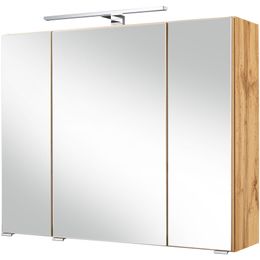 Spiegelschrank Welltime, B:80cm H:64cm T:20cm, braun, Holzwerkstoff, Badezimmer, Schr&auml;nke, "Malibu", Breite 80 cm, mit Spiegelt&uuml;ren und T&uuml;rend&auml;mpfern