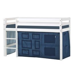 Hochbett Hoppekids, B:81cm H:105cm L:168cm, blau, Kinderbett: 100% Massivholz: Nordische Kiefer, Vorhang: 100% Baumwolle, Matratzenbezug 100%