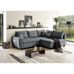 Lomadox Ecksofa mit Schlaffunktion und 8 Kissen in anthrazit, L-Form mit Recamiere rechts, Serie LEICESTER-09 - anthrazit