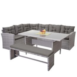 Poly-Rattan-Garnitur MCW-A29, Gartengarnitur Sitzgruppe Lounge-Esstisch-Set Sofa, hellgrau ~ Kissen grau, mit Bank