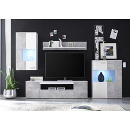 HBZ-MEBLE Wohnwand HBZ "Vulcan inkl. LED-Beleuchtung Weiß-Beton, BxHxT 290x194x40 cm", grau (beton, abgesetzt weiß), B:290cm H:194cm T:40cm, Holzwerkstoff, Kastenmöbel-Sets, Mit 1 Hängevitrine, 1 Stauraumschrank, 1 Lowboard, 1 Wandregal