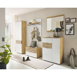 HBZ-MEBLE Garderoben-Set HBZ "5-tlg. Eiche Stripes Optik Flurgarderobe Stellmaß BxHxT 260x197x38 cm" Kastenmöbel-Sets Gr. B/H/T: 260cm x 197cm x 38cm, weiß (artisan eiche/weiß) Mit Schuhkommode, Hochschrank, Bank, Paneel, Spiegel