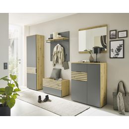 HBZ-MEBLE Garderoben-Set HBZ "5-tlg. Eiche Stripes Optik Flurgarderobe Stellmaß BxHxT 260x197x38 cm" Kastenmöbel-Sets Gr. B/H/T: 260cm x 197cm x 38cm, grau (artisan eiche/grau) Mit Schuhkommode, Hochschrank, Bank, Paneel, Spiegel