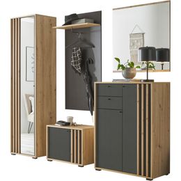 HBZ-MEBLE Garderoben-Set HBZ "5-tlg. Eiche MDF Stripes Flurgarderobe Stellmaß BxHxT 230x196x38 cm" Kastenmöbel-Sets Gr. B/H/T: 230cm x 196cm x 38cm, schwarz (artisan eiche/schwarz) Mit Schuhkommode, Hochschrank, Bank, Paneel, Spiegel