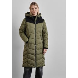 Steppjacke Street One, Damen, Gr. 40, gr&uuml;n (winter moss gr&uuml;n), Stoff, 100% Polyester, unifarben, normal knielang, ohne Ausschnitt, B&uuml;ndchen, Jacken Steppjacke, mit Kapuze