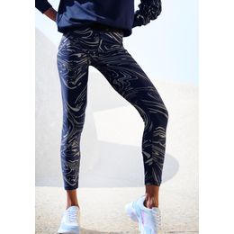 active by Lascana Funktionsleggings LASCANA ACTIVE Gr. XS (32/34), N-Gr, blau (blau, silber), Damen, Obermaterial: 85% Polyester, 15% Elasthan, gemustert, bedruckt, glänzend, Hosen, Sportleggings mit glänzendem Print und 3D Schriftzug