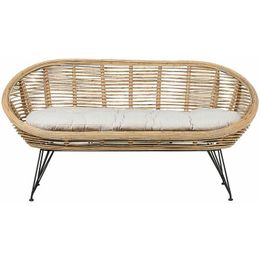 Beliani 2-Sitzer Gartensofa Natürlich Rattan mit Schwarzem Metallgestell Auflage Hellbeige Stoff Boho Garten Outdoor Indoor Terrasse Ausstattung Möbel