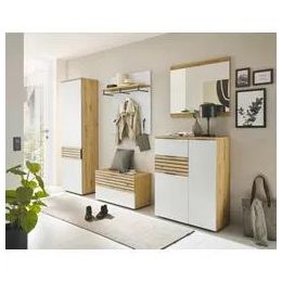 HBZ-MEBLE Garderoben-Set HBZ "5-tlg. Eiche Stripes Optik Flurgarderobe Stellmaß BxHxT 260x197x38 cm" Kastenmöbel-Sets Gr. B/H/T: 260cm x 197cm x 38cm, weiß (artisan eiche/weiß) Mit Schuhkommode, Hochschrank, Bank, Paneel, Spiegel