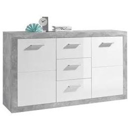 Stella Trading Sideboard HBZ "Stone weiß Hochglanz, Wohnzimmerschrank BxHxT 147x89x37 cm" Sideboards Gr. B/H/T: 147cm x 89cm x 37cm, 3 St., grau (beton/weiß) Mit 2 Türen, 3 geräumigen Schubkästen, Einlegeböden verstellbar