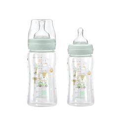 Kikkaboo Baby Glasflasche 240 ml, Weithalsöffnung, Deckel, Silikonsauger Größe M grün