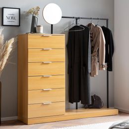 Garderobe FineBuy Kleiderschrank Eiche 145 cm Schubläden Spiegel Kleiderstange