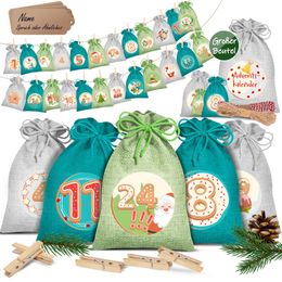 Kesser® Adventskalender zum Befüllen 24 Jutebeutel Gedruckte Stoffbeutel Kinder Weihnachtskalender zum Selber Befüllen Inkl.. 24x Schildchen + 1 Großer Aufbewahrungsbeutel Stoff