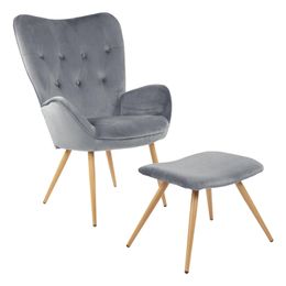 ALBATROS Ohrensessel mit Hocker YORK, Samt Bezug, bequem gepolstert, Fernsehsessel, Polstersessel, Farbe Ohrensessel:Grau